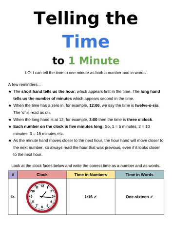 Telling the Time to 1 Minute [Designed for Online] | Teaching Resources
