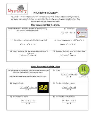 A Level Pure Revision - Mixture of Algebraic Questions - Murder Mystery | Teaching Resources