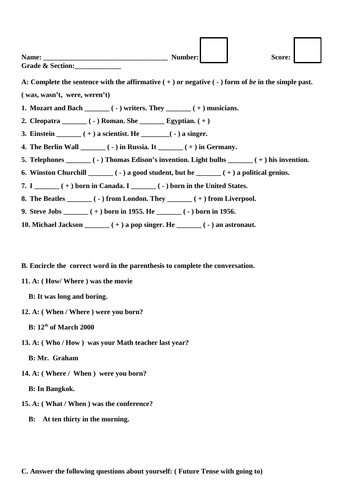 PAST TENSE OF VERB BE,WH QUESTIONS | Teaching Resources