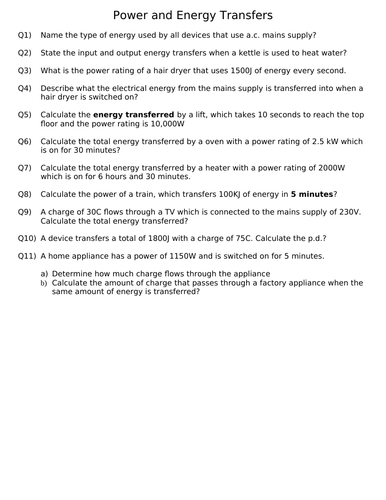 Power and Energy Transfers PPT - GCSE Physics | Teaching Resources