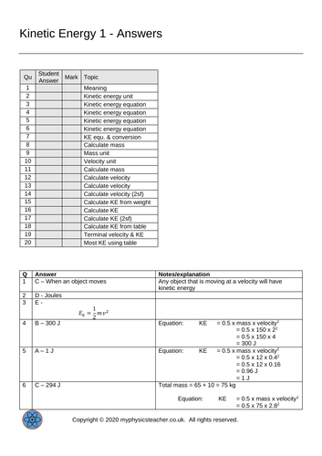 Kinetic energy multiple choice worksheet with fully explained answers ...