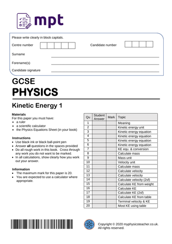 Kinetic energy multiple choice worksheet with fully explained answers ...