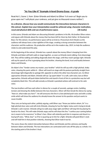 A-level Drama Exemplar Essays As You Like It 'A' grade | Teaching Resources