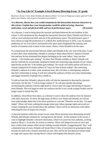 A-level Drama Exemplar Essays As You Like It 'A' grade | Teaching Resources