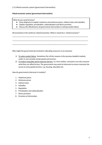 iGCSE Economics. Unit 2. Topic 11: Mixed economic systems | Teaching Resources