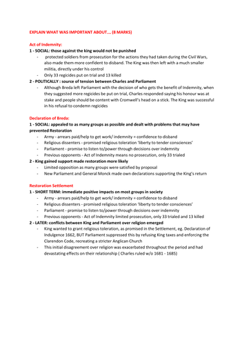 AQA History GCSE Restoration England Model Answers | Teaching Resources