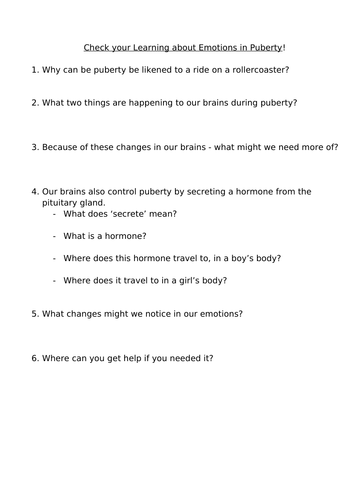 Emotions in Puberty Remote/Home Learning | Teaching Resources