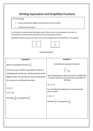 Writing Equivalent and Simplified Fractions Worksheet-Home Learning ...