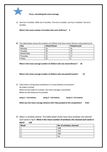Year 6 - Calculating the Mean Average Problems - Differentiated Task ...