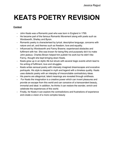 A Level English Literature - Keats Poetry Revision | Teaching Resources