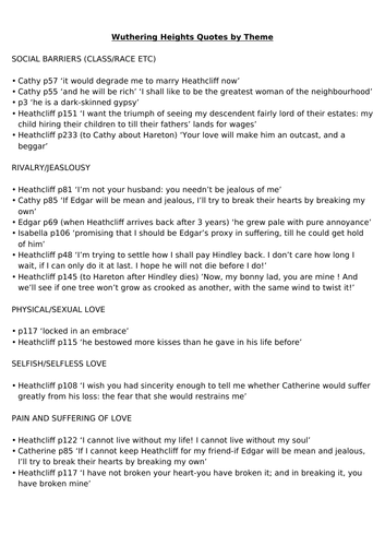 Wuthering Heights Quotes by Theme - AQA A level English | Teaching ...