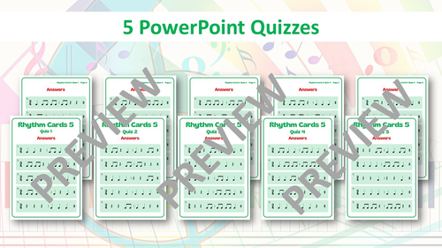 Music Rhythm Cards 5 - 50 Cards with Audio files and 5 Audio Quizzes in ...