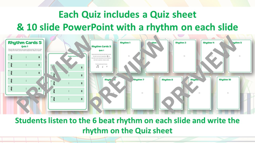 Music Rhythm Cards 5 - 50 Cards with Audio files and 5 Audio Quizzes in ...
