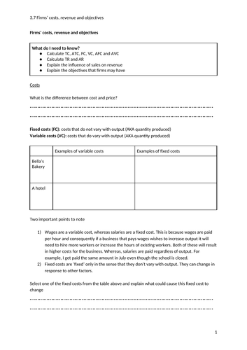 iGCSE Economics. Unit 2. Topic 7: Revenue & costs | Teaching Resources