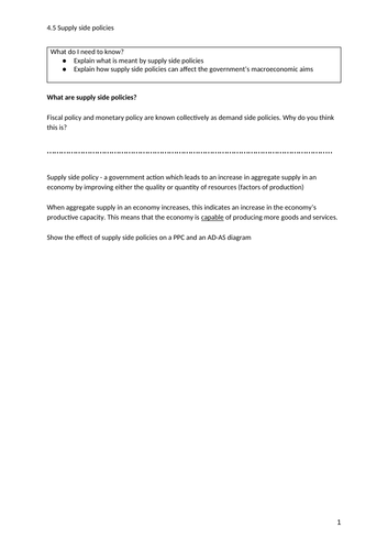 iGCSE Economics. Unit 4. Topic 5: Supply side policies | Teaching Resources