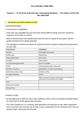 Cold War Summary notes 1945-1991 - AQA A Level History section 1 ...