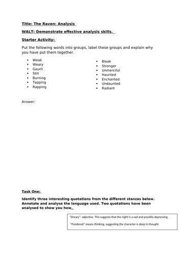 The Raven- Analysis L2 | Teaching Resources