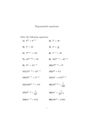 Exponential equations worksheet no 3 (with solutions) | Teaching Resources