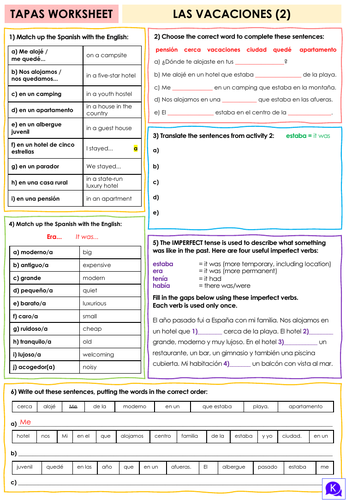 SPANISH TAPAS WORKSHEET WITH ANSWERS - Las vacaciones [2] | Teaching ...