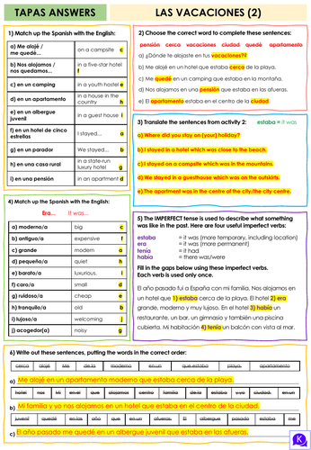 SPANISH TAPAS WORKSHEET WITH ANSWERS - Las vacaciones [2] | Teaching ...