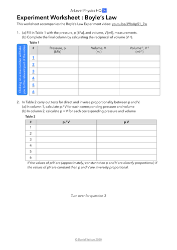 Boyle's Law Experiment Worksheet (pressure and volume) | Teaching Resources
