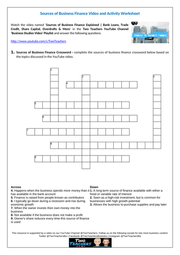 Sources of Business Finance Video and Activity Worksheet | Teaching ...