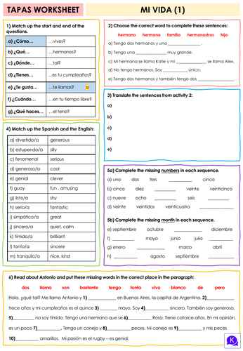 SPANISH TAPAS WORKSHEET WITH ANSWERS - Mi vida [1] | Teaching Resources