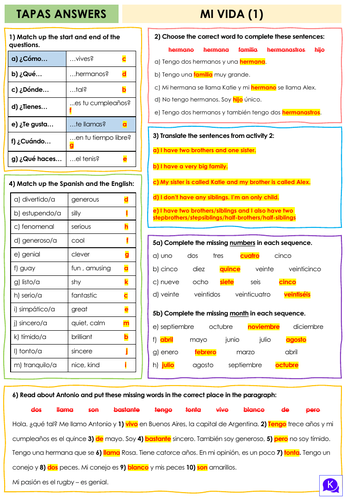 SPANISH TAPAS WORKSHEET WITH ANSWERS - Mi vida [1] | Teaching Resources