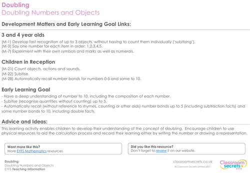 EYFS Doubling Learning Activity | Teaching Resources
