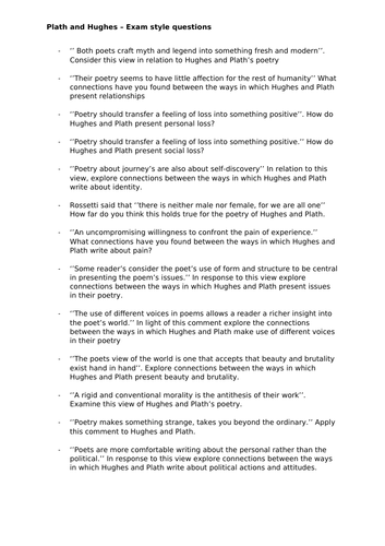 Hughes and Plath -A Level Exam Questions | Teaching Resources