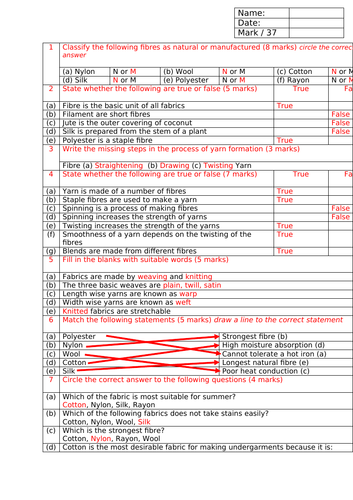 Fibre to Fabric Revision Questions | Teaching Resources