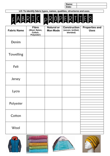 Fabric Properties Worksheet | Teaching Resources
