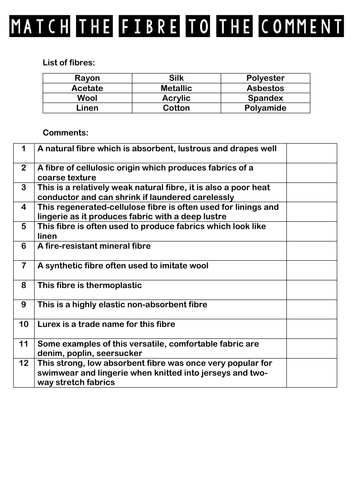 Match the fibre to the comment | Teaching Resources