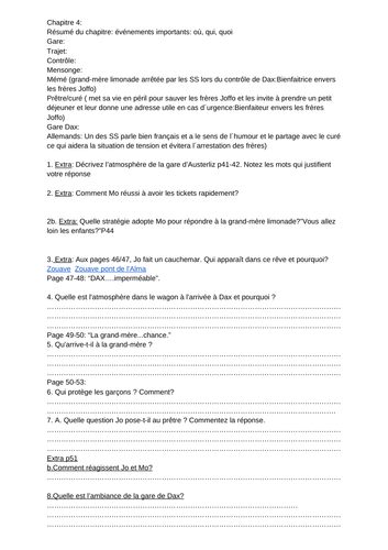 Un sac de billes chapitre 4 et 5 A level French | Teaching Resources