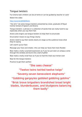 Tongue twisters- fun Drama activity | Teaching Resources