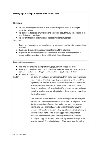 Moving Up, Moving On- Y6 to Y7 lesson plan | Teaching Resources