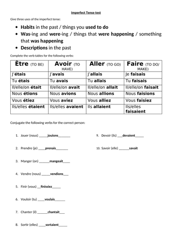 Imperfect tense practice and test French KS4 | Teaching Resources
