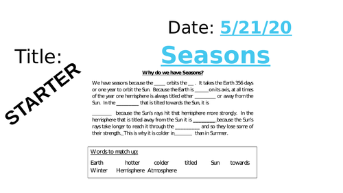 BEST Earth in Space Lesson 11 - Seasons | Teaching Resources