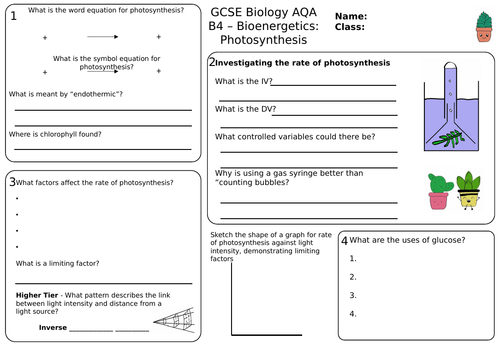 Photosynthesis revision sheet AQA GCSE - bioenergetics | Teaching Resources Photosynthesis revision sheet AQA GCSE - bioenergetics | Teaching Resources
