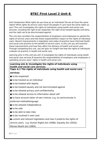 BTEC First Health & Social Care Unit 8 - Individuals Rights LAA ...