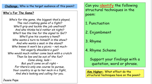 'Who's for the Game?' Jessie Pope | Teaching Resources