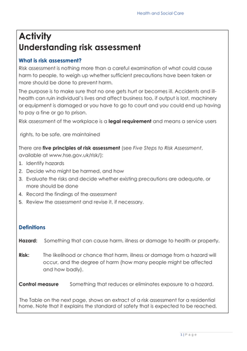 Risk Assessment Activity - Health and Social Care | Teaching Resources