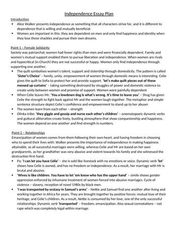 'The Color Purple' A Level Essay Plans | Teaching Resources