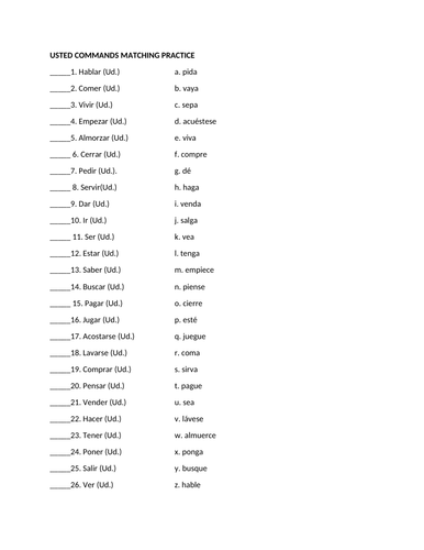 Usted commands matching practice | Teaching Resources