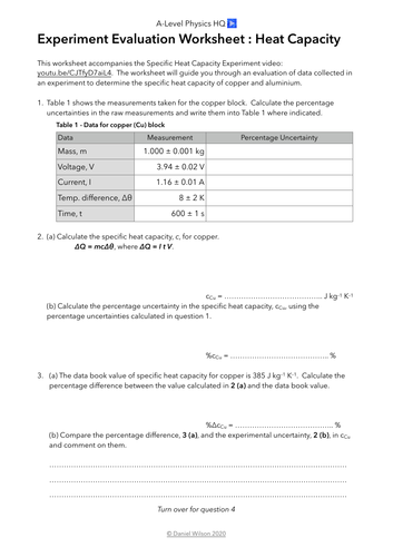 Specific Heat Capactiy experiment evaluation worksheet | Teaching Resources