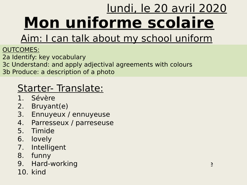 Mon uniforme scolaire - school uniform - y7 French | Teaching Resources