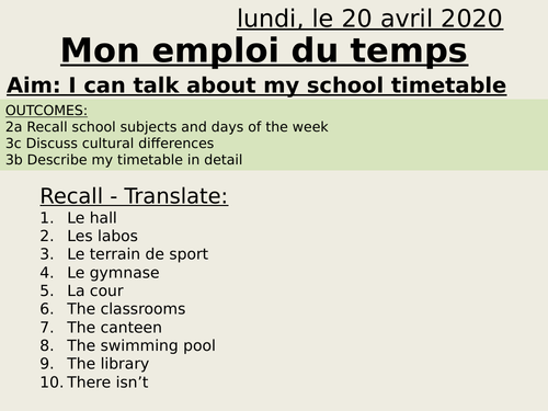 Mon emploi du temps - my school timetable - y7 French | Teaching Resources
