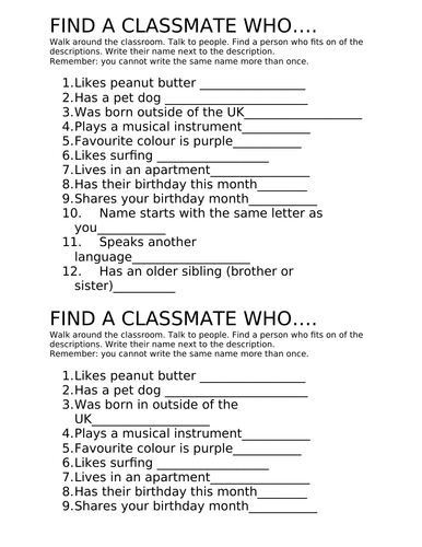 Ice Breaker Activity - Find a classmate who... | Teaching Resources