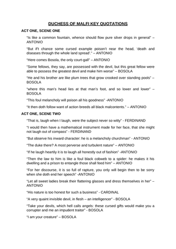 Duchess of Malfi Key Quotations (chronolgical) | Teaching Resources