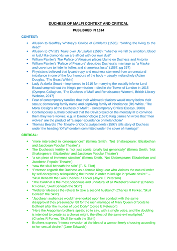 Webster's 'The Duchess of Malfi' Context and Critical | Teaching Resources
